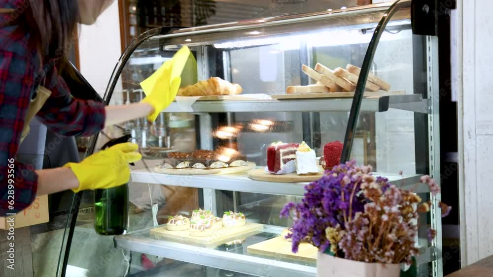 4k, hygiene bakery shop concept, employee wearing latex gloves and ...