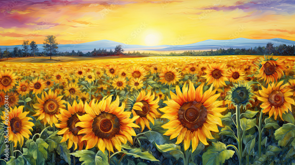 Golden sunflower field. Blossom sunflowers landscape. Hand Paint summer ...