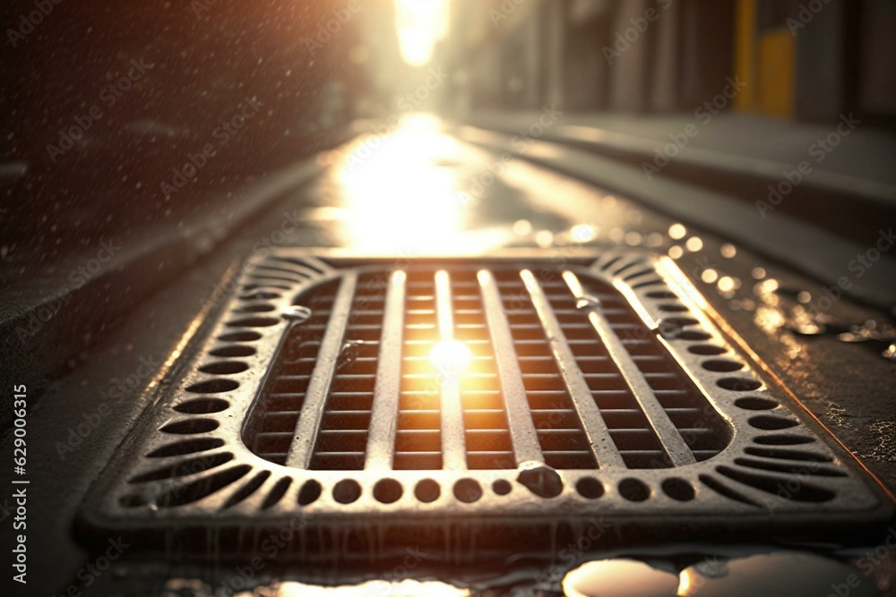 Blinding sun on grate over storm drain as rainwater drains, with blurry ...