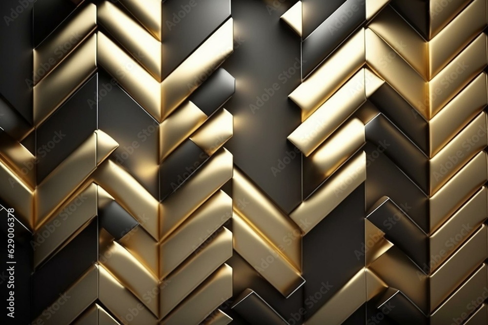 Luxurious polished herringbone gold tile wallpaper with 3D blocks on a ...