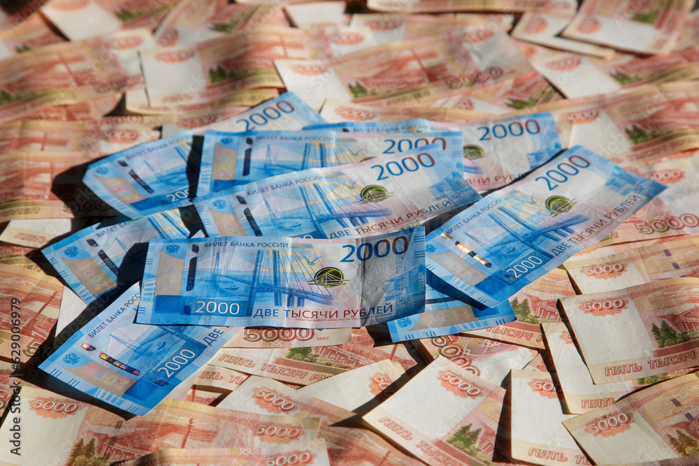 Russian money. Close-up of Russian rubles. Different denomination of ...