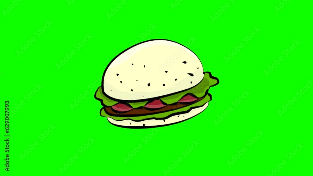 Hamburger animated in cartoon style with green background, 2d animation ...