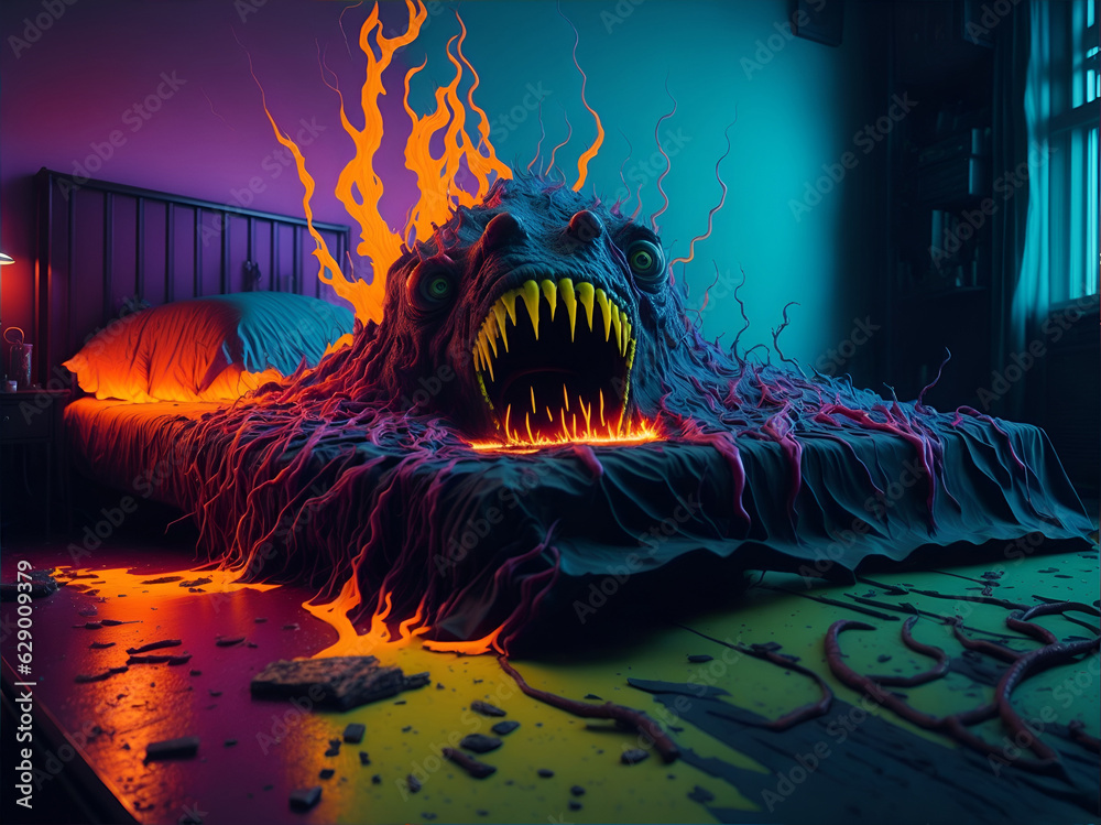 monster hiding under the bed in the bedroom. AI generated Stock ...