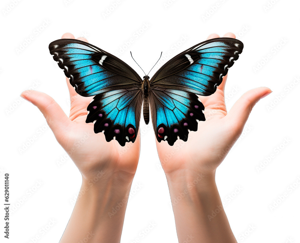 Hands holding beautiful blue morpho butterfly with open wings on ...