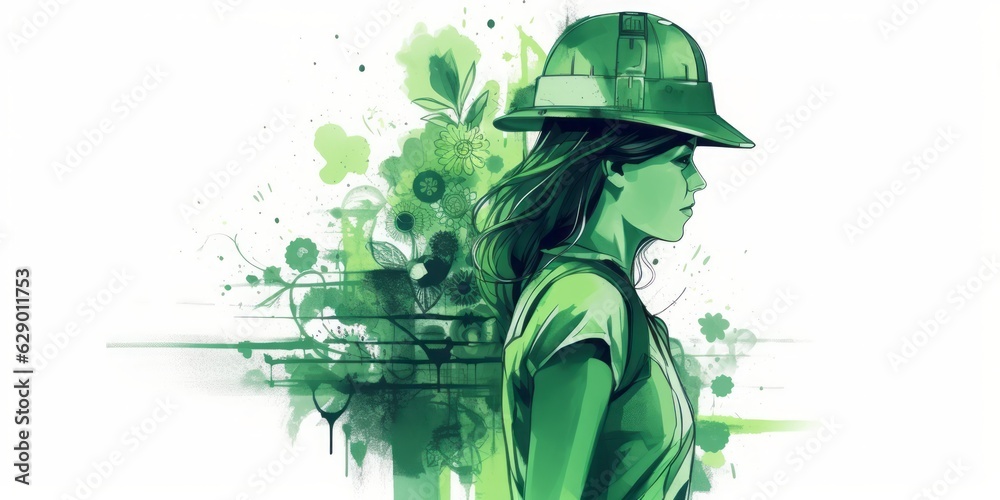 green aquarell painted female engineer, equipped with tablet and helmet ...