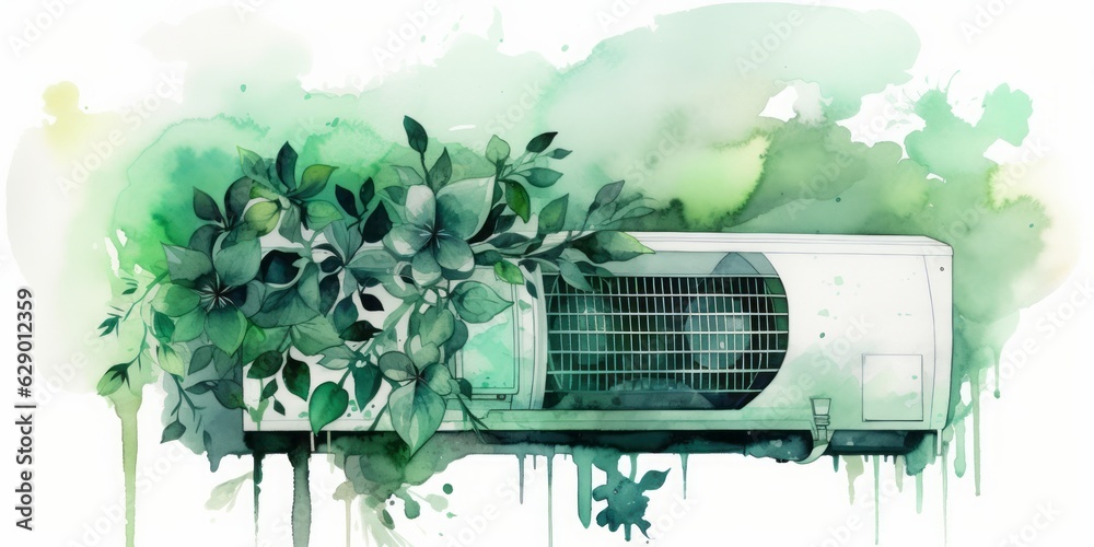 green aquarell painted heat pump, surrounded by delightful flowers, in ...
