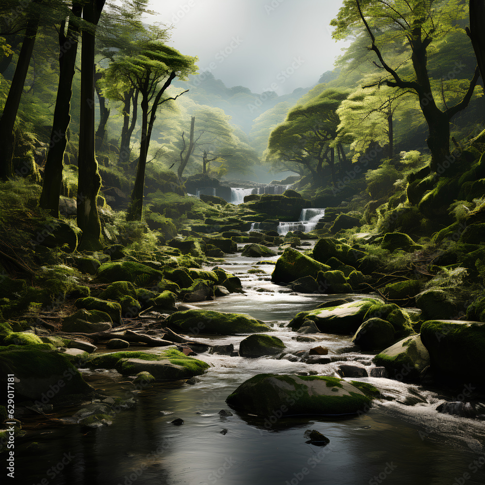 Forest landscape with flowing water and waterfall, Created with ...