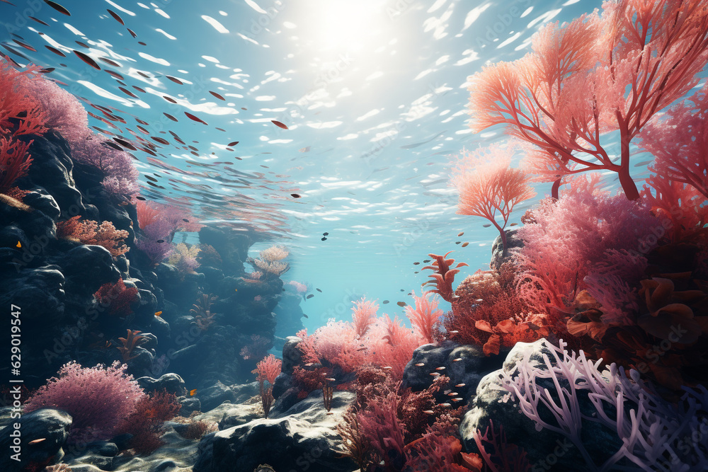 Underwater world with corals turtle fishes ocean inside. coral reef ...