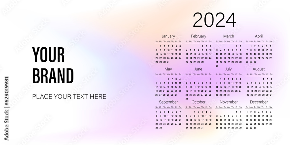 Horizontal calendar 2024 template design on light colorful background ...
