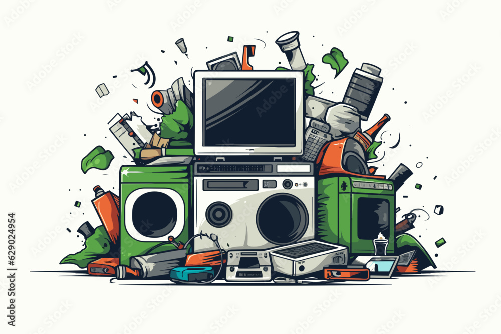 Doodle inspired E-waste recycling, cartoon sticker, sketch, vector ...