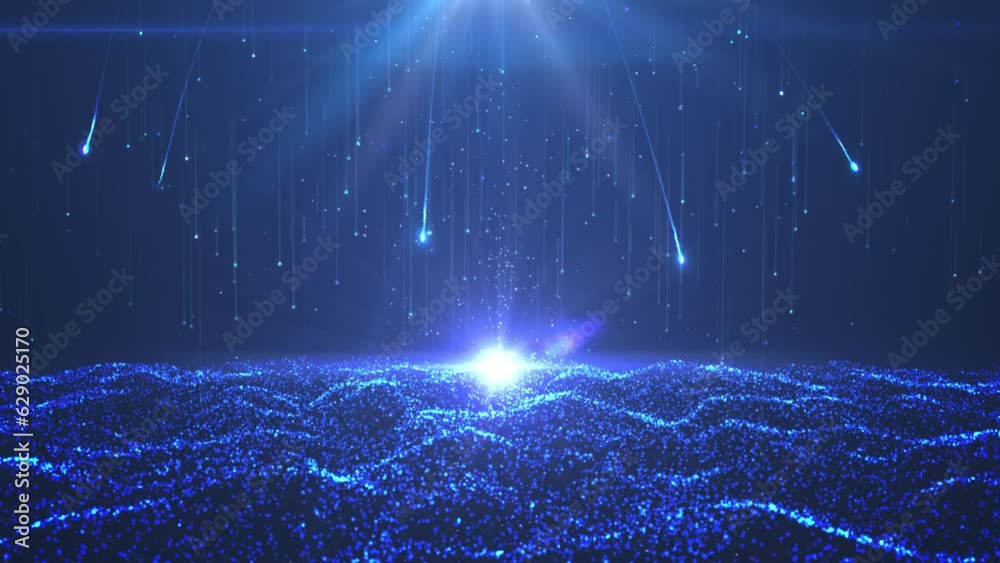 Meteor shower falling down with blue sea particles ocean twinkling ...