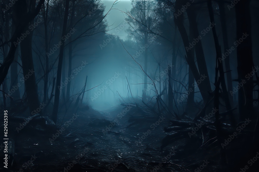 Dark gloomy forest. Night in the forest. Nature scene with forest and moonlight. Night view of ...