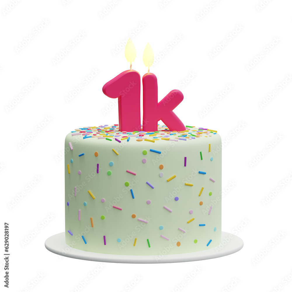 Cartoon cake with candles shaped like "1k". Celebration of reaching 1k ...