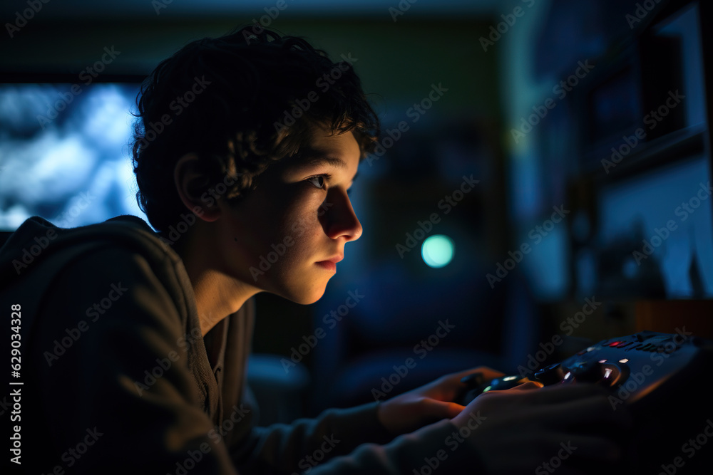 Teenage boy play video game - addiction concept- generative AI Stock ...