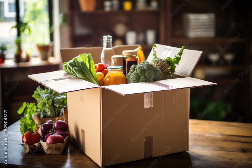 cardboard box with food. vegetables and fruits in a cardboard box. food ...