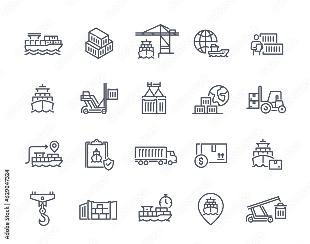 Cargo delivery by ship icons set. Outline port Logistics Related ...