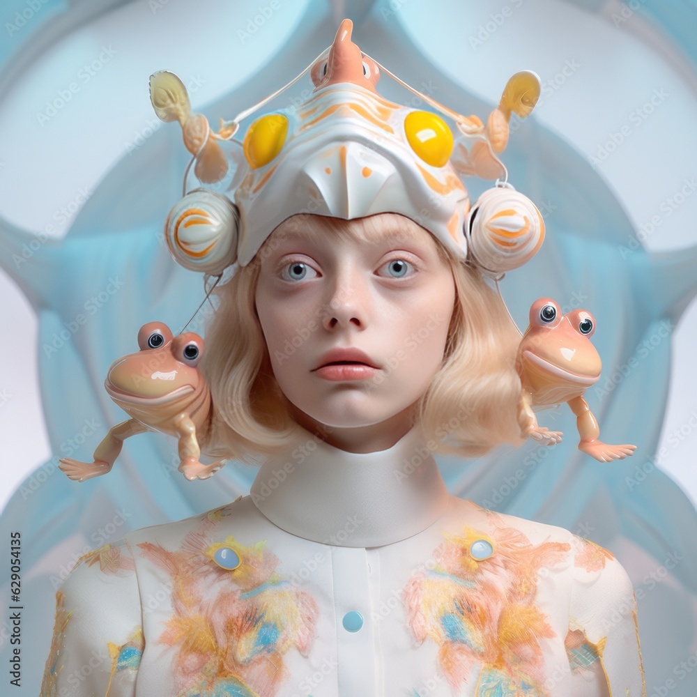 An urban, modern, contemporary princess with frogs on her head. A ...