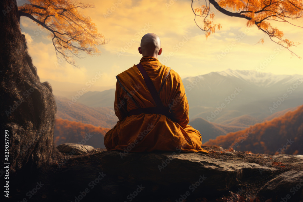Peaceful Contemplation. Tibetan Monk Seated in Meditation on the ...