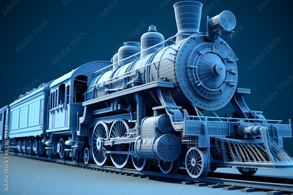 old steam train on a railway wireframe concept with Augmented reality ...