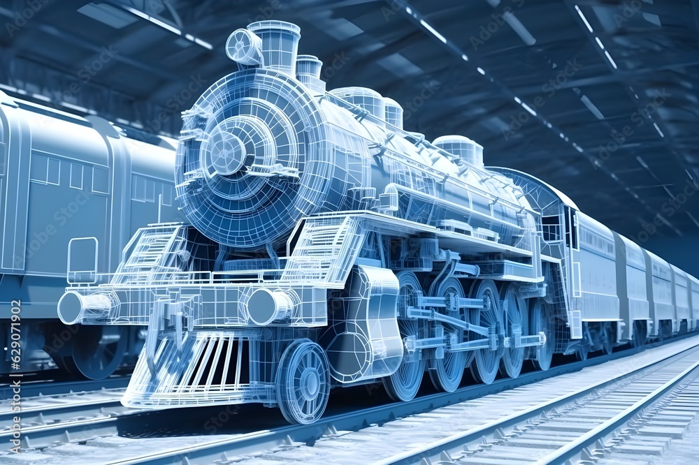vintage steam engine train wireframe concept with Augmented reality ...