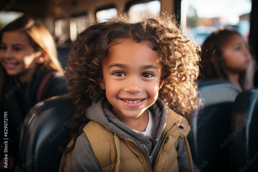 group of smiling mixed race kids excitedly boards the school bus, ready ...