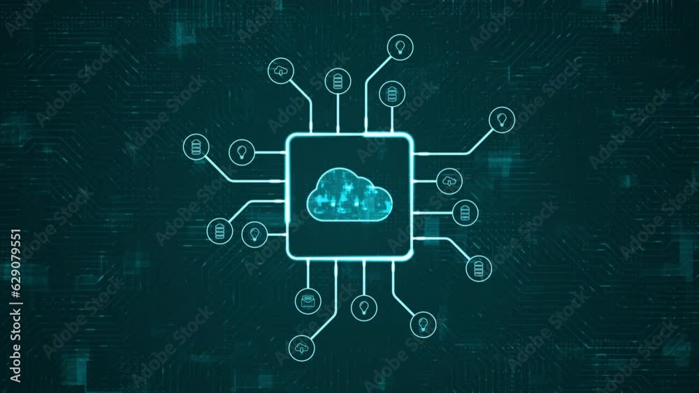 Motion Graphic Of Blue Digital Cloud Computing Logo And Futuristic Hud Technology Circuit Board