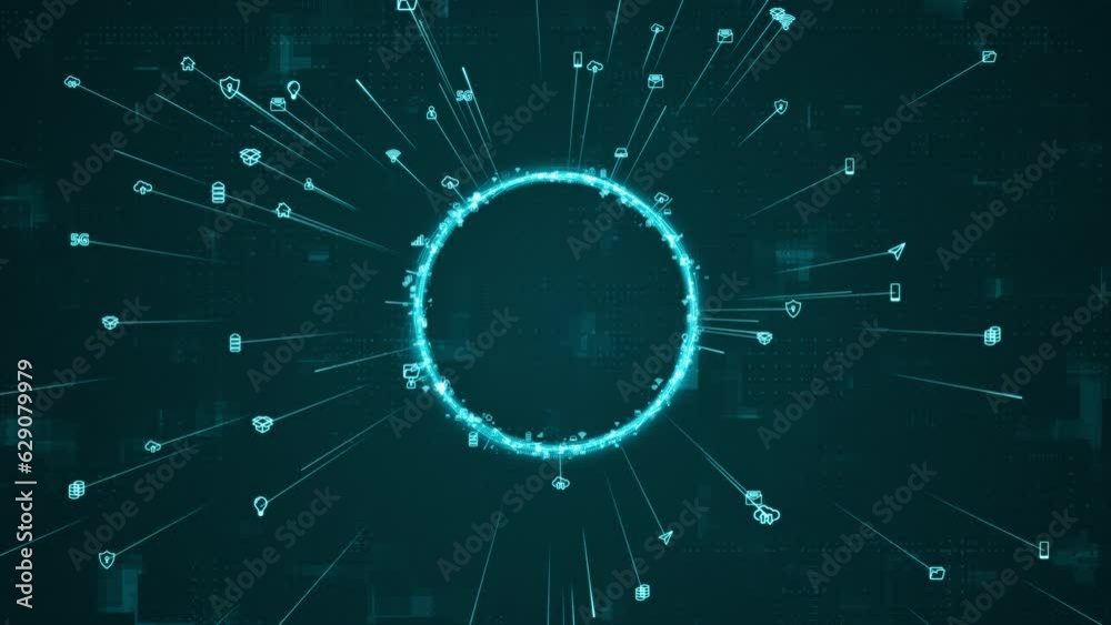 Motion graphic of Blue digital particle ring rotation around logo with ...