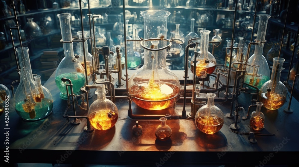 High angle view of a chemistry lab with bubbling test tubes and beakers ...