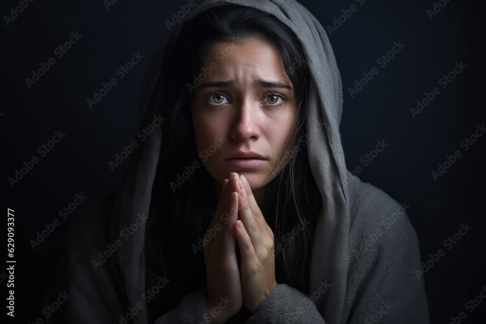 In desperate need. Close up of poor sad depressed young woman begging ...