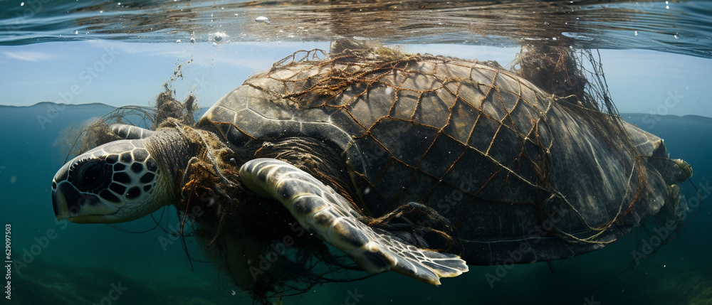 A turtle caught in marine debris and dying. Stock Photo | Adobe Stock