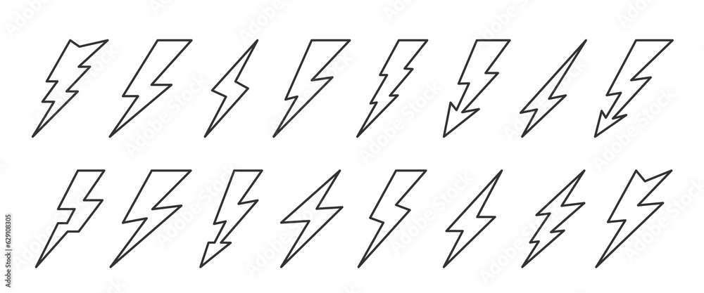 Lightning bolt black line icon set. Energy power charge sign. Thunder ...