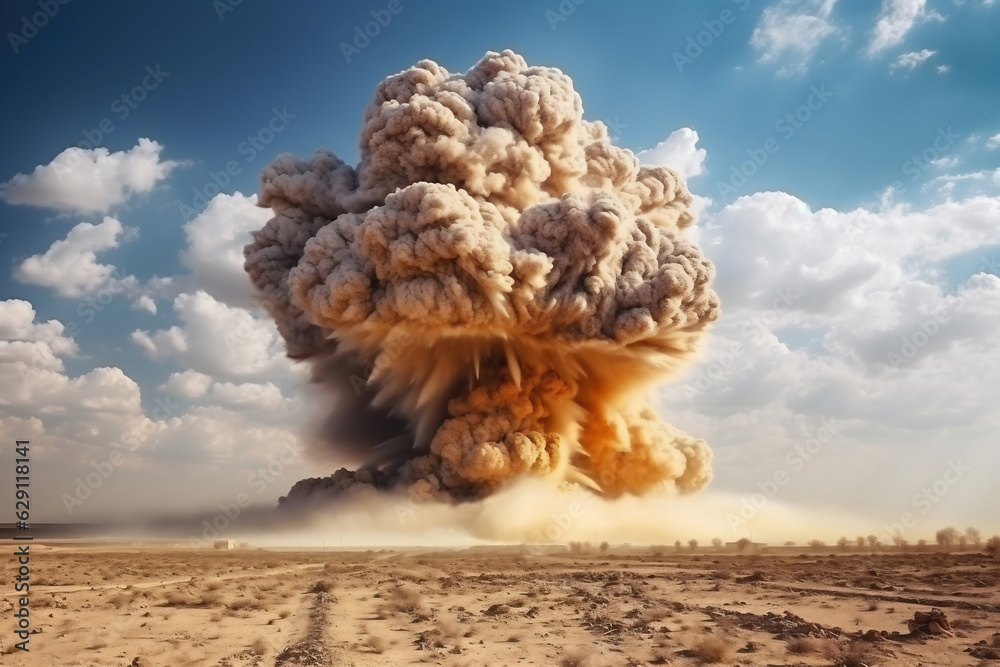 Nuclear explosion in the desert. Puffs of sand and ash against the sky ...