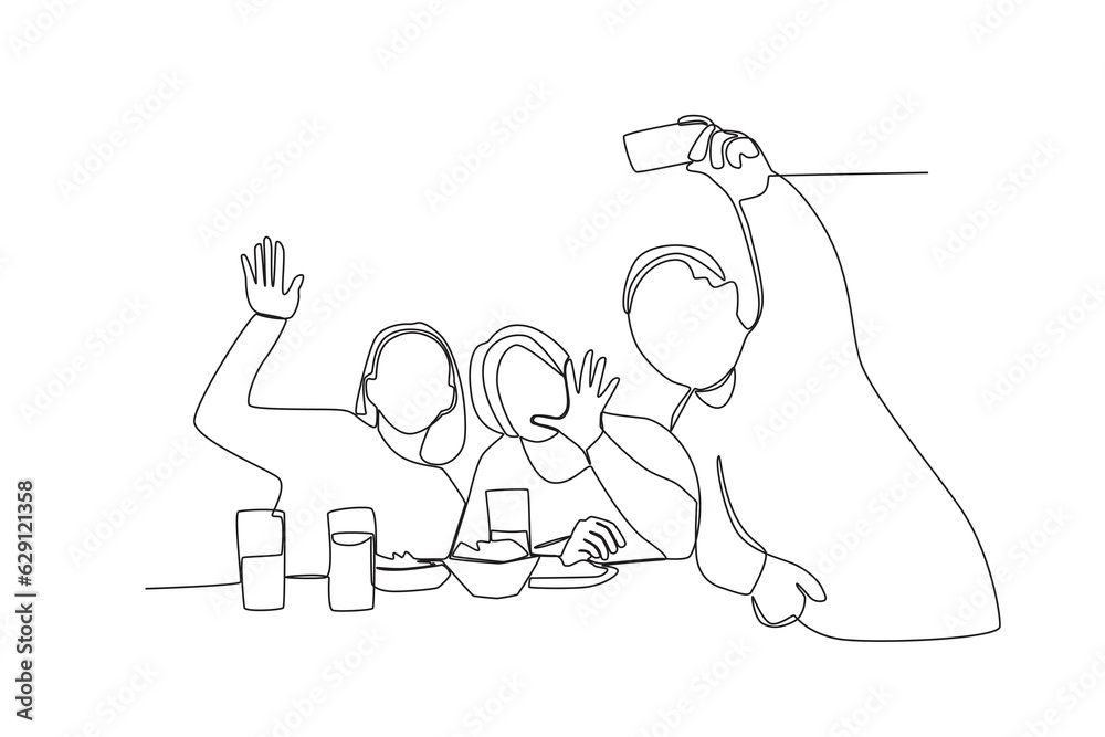 One continuous line drawing of three friends were having a reunion at ...