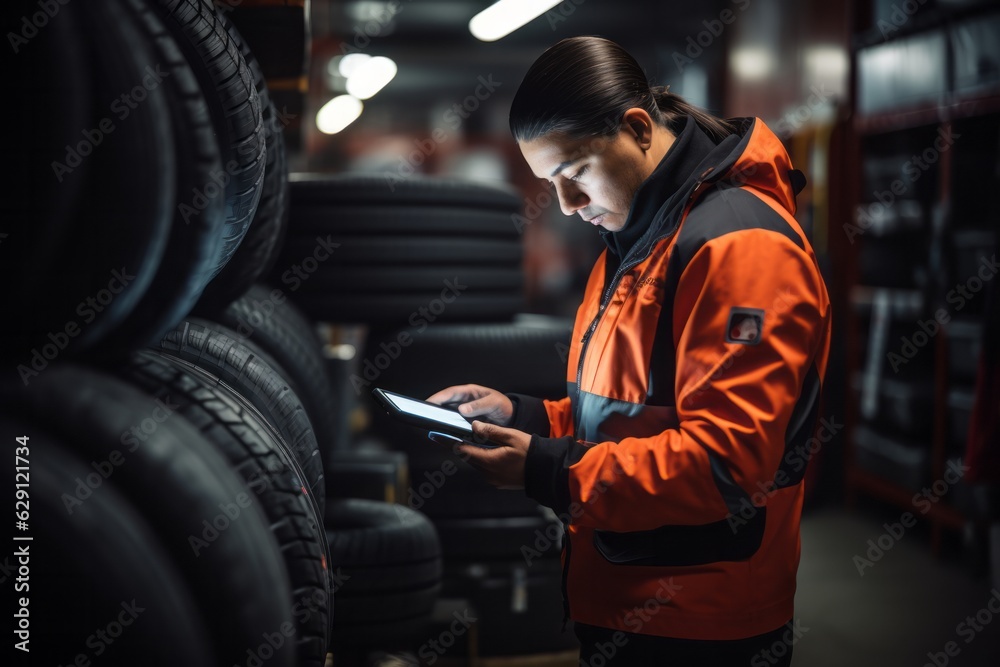 Employee scanning a bar code on a tire at a garage shop. Stock Photo ...