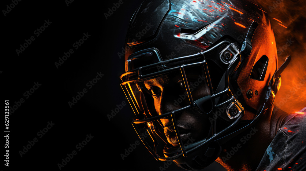 Sport betting concept. American football sportsman player on black ...