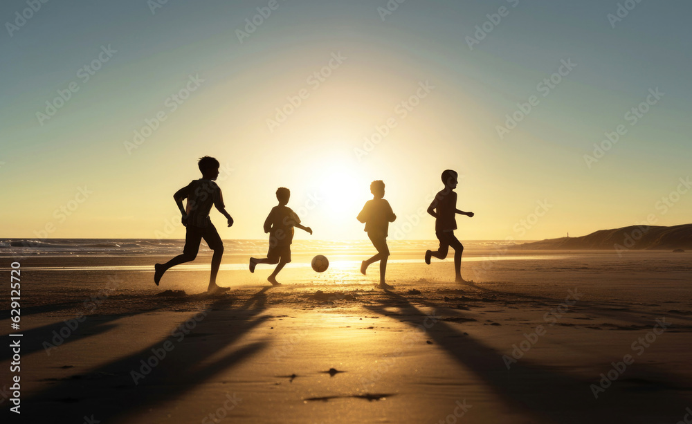 Children playing football at sunset by the sea. Created using ...