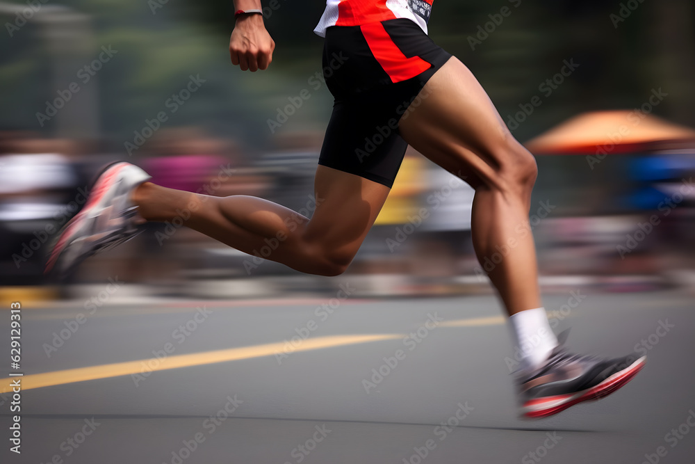 Panning or motion blur shot of a runner in a marathon. Speed and ...