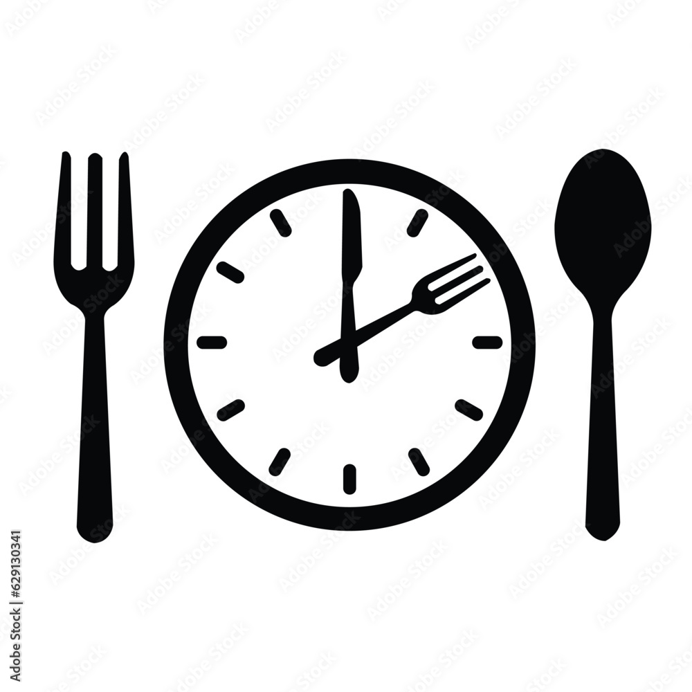 lunch time clock plate fork spoon icon food symbol for bar cafe hotel ...