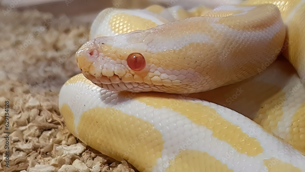 Foto de Close up An Albino Ball Python in yellow white color with stay ...