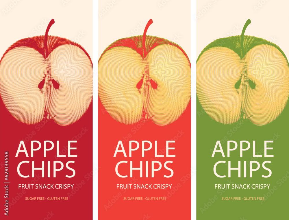 set vector label packaging for apple chips with realistic drawing of ...