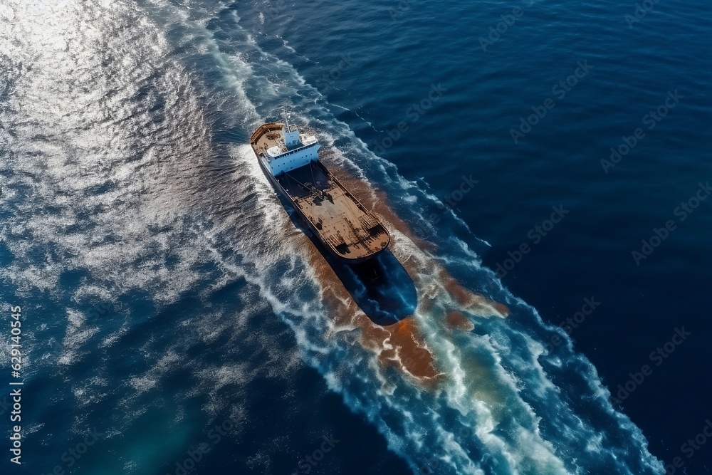 Ship pollution, oil leak. Oil spill polluted water surface by maritime ...