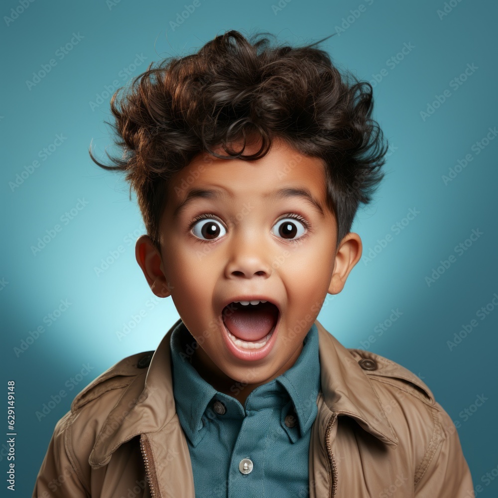 Portrait of a surprised little Indian boy with open mouth and big eyes ...