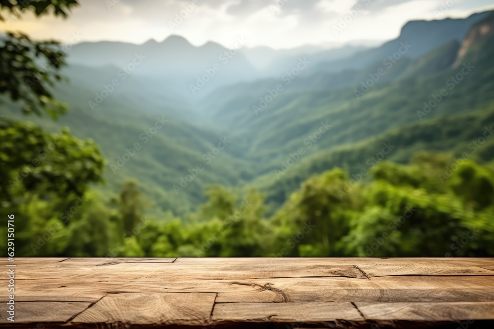 The empty wooden brown table top with blur background of trekking path ...