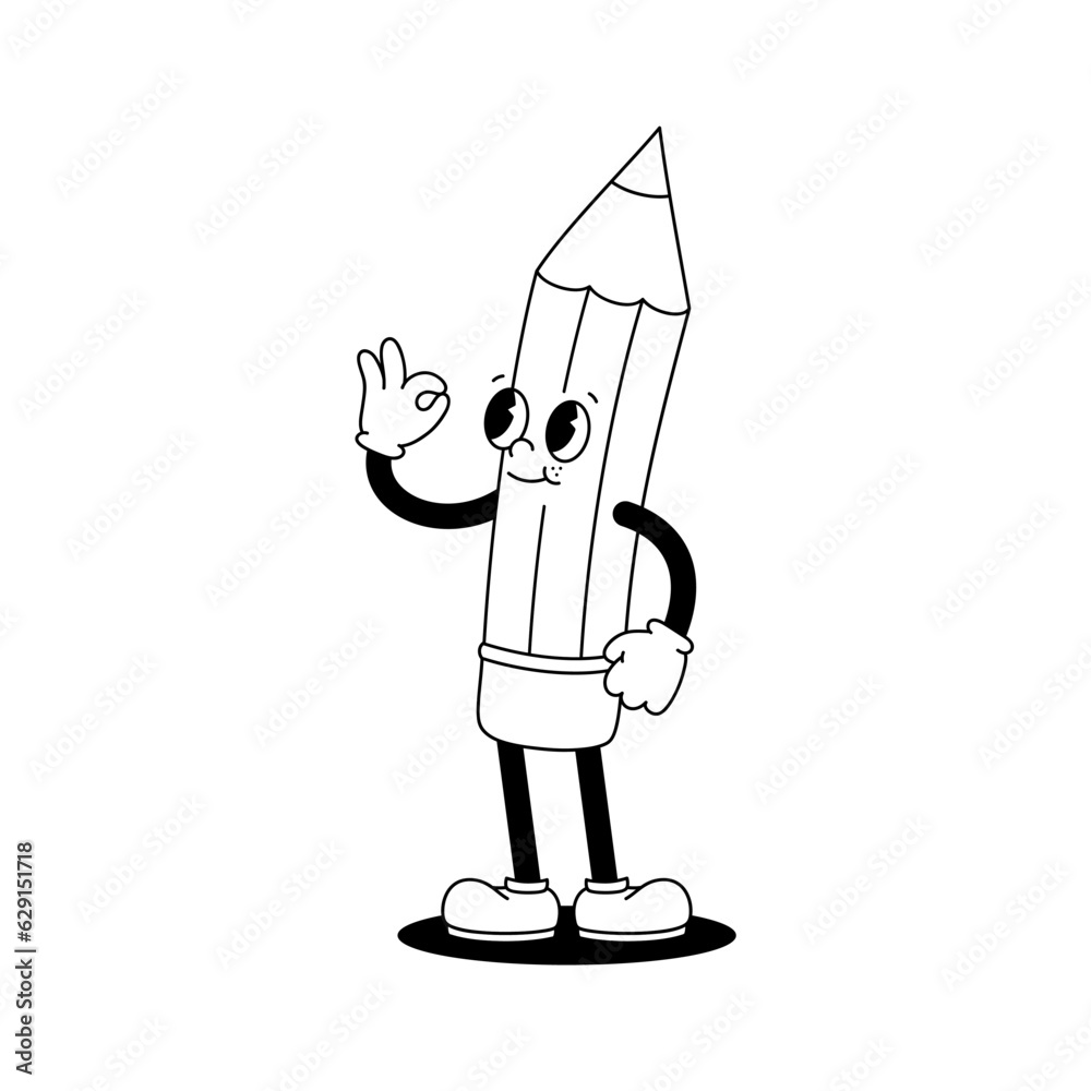 Vector cartoon retro mascot monochrome illustration of walking pencil ...