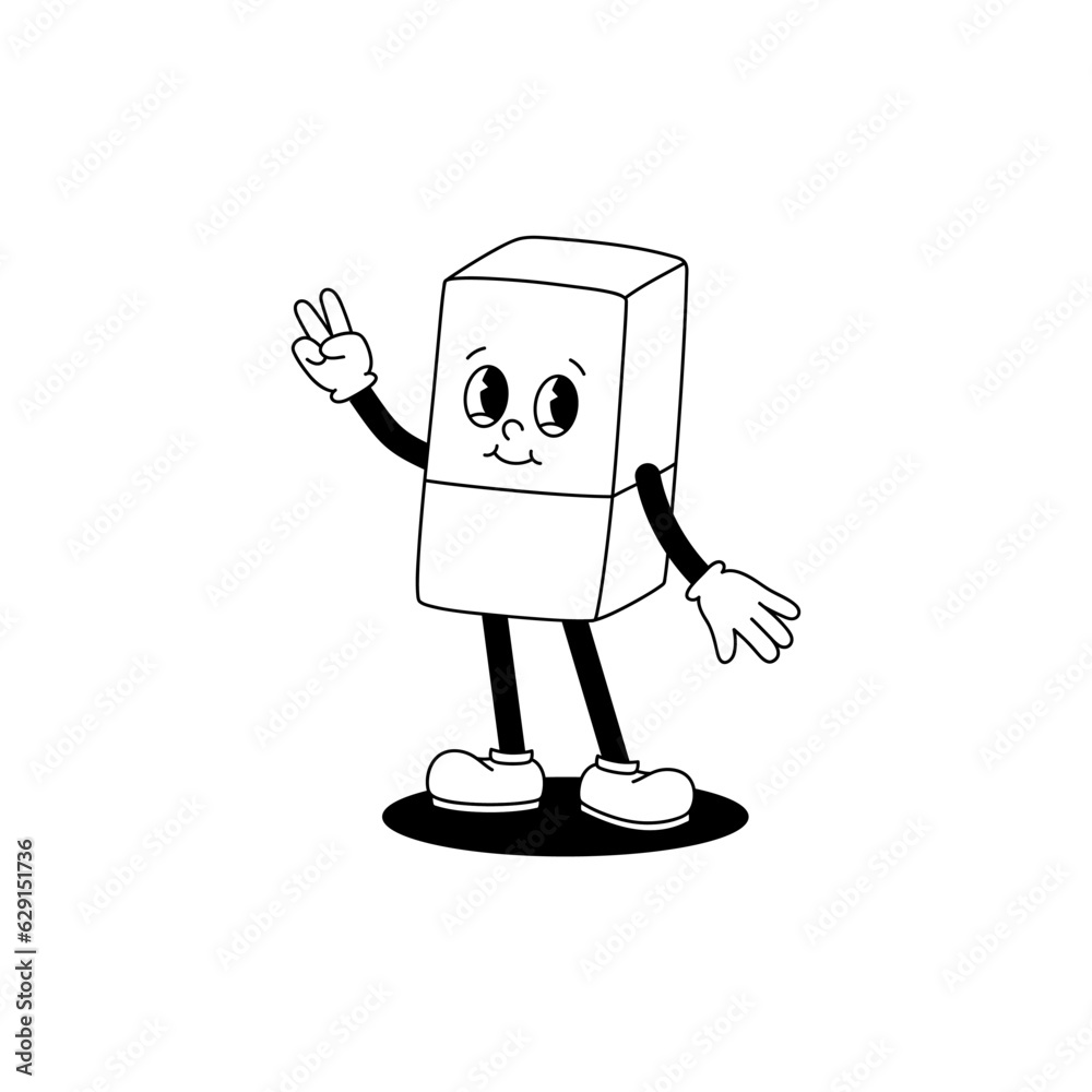 Vector cartoon retro mascot monochrome illustration of walking eraser ...