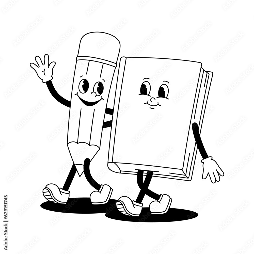 Vector cartoon retro mascot monochrome illustration of walking pencil ...