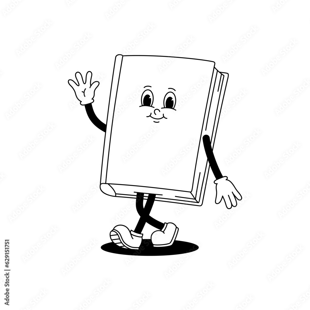 Vector cartoon retro mascot monochrome illustration of walking book ...