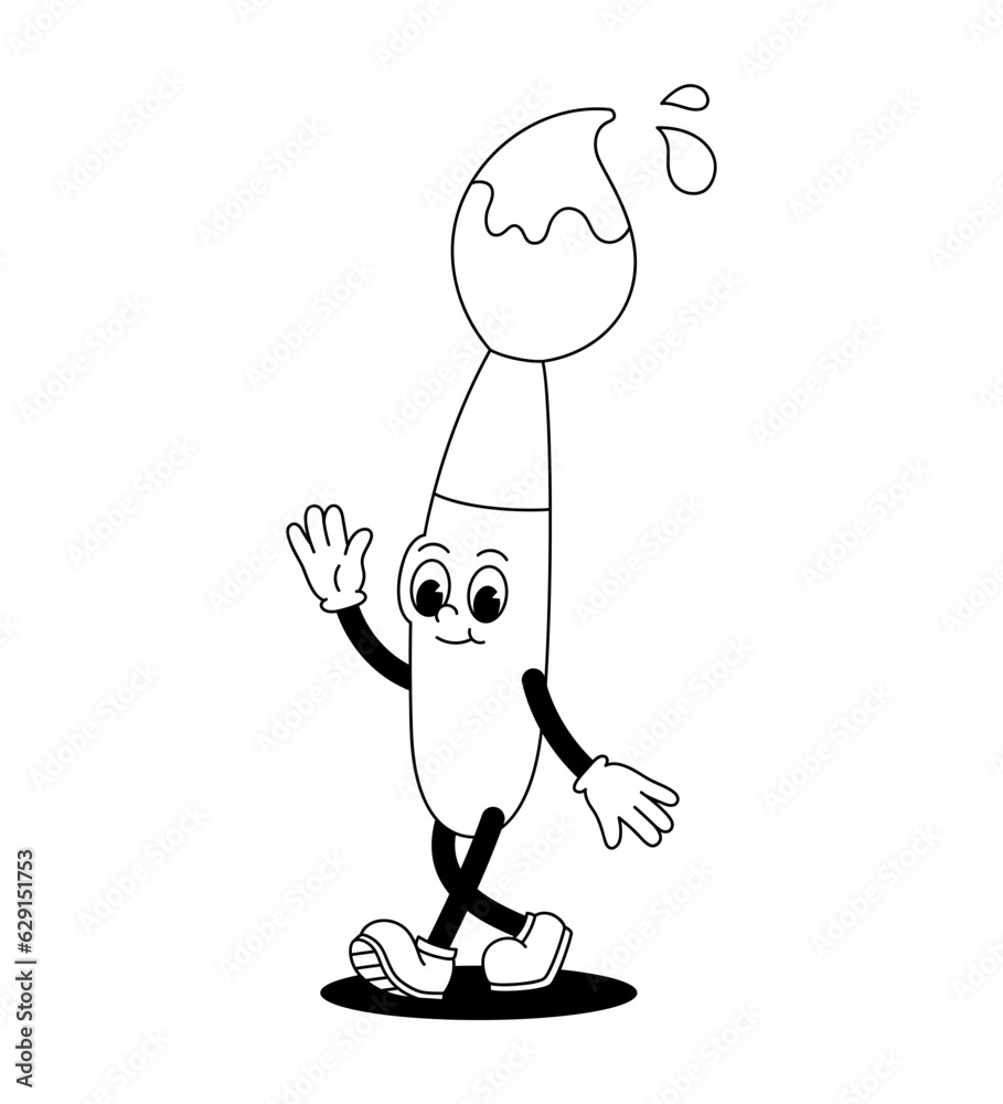Vector cartoon retro mascot monochrome illustration of walking paint ...
