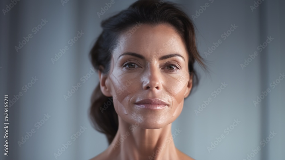 woman's face skin. An attractive, mature woman poses for the camera ...