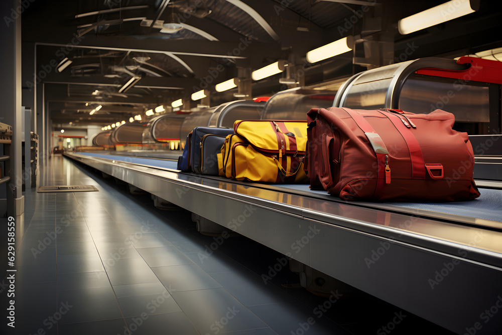 Multiple Luggage bags on conveyor belt of airport terminal. Baggage ...
